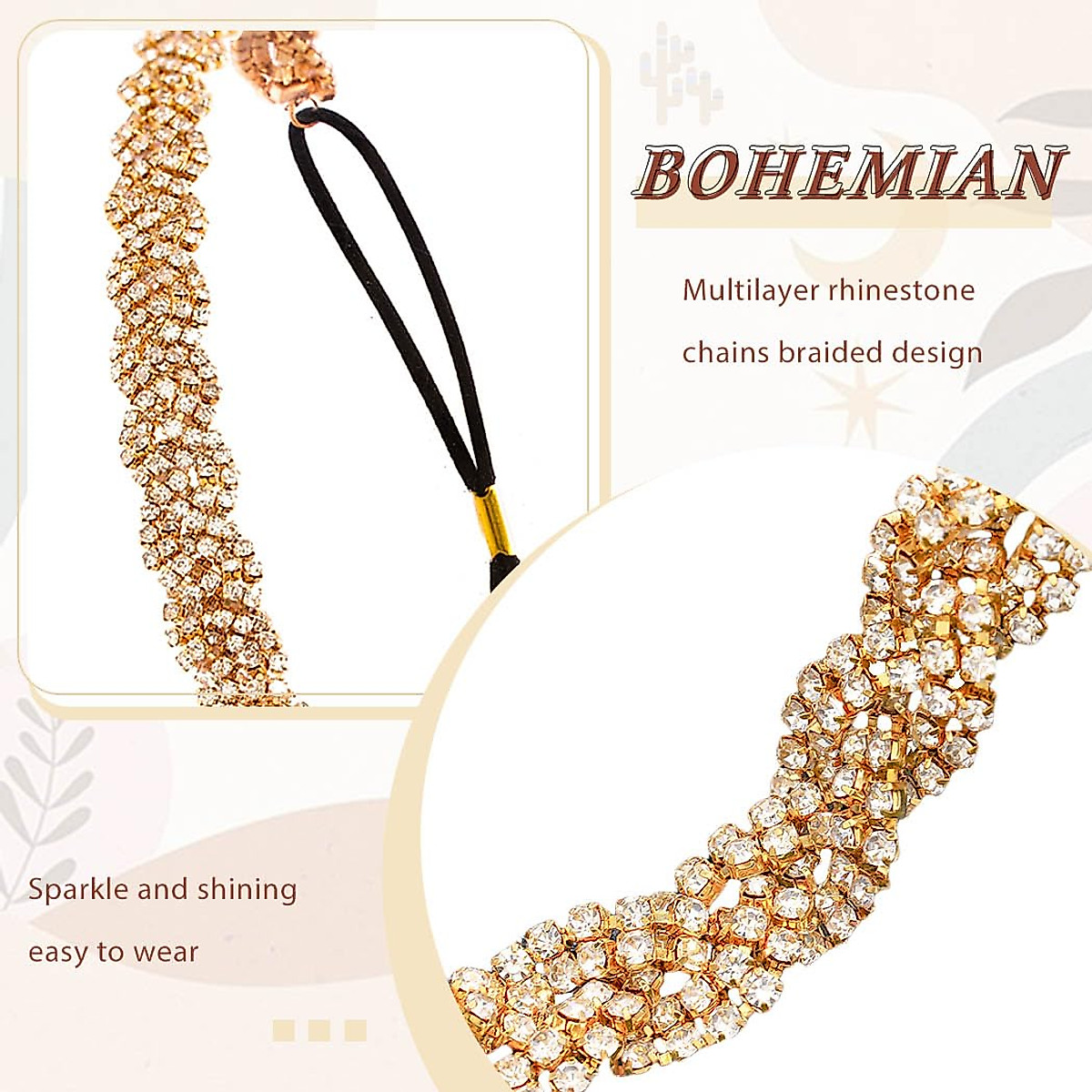 Barode Braided Rhinestones Headband Multicolors Crystal Hairbands Sparkle Head Chain Jewelry Set for Women