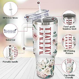 qoepfnsh Gifts for Mimi Grandmother Gift from Grandson Granddaughter on Birthday Mothers Day&Christmas 40 oz Tumblers with Handle and Straw Stainless Steel Insulated Travel Coffee Cup Mug