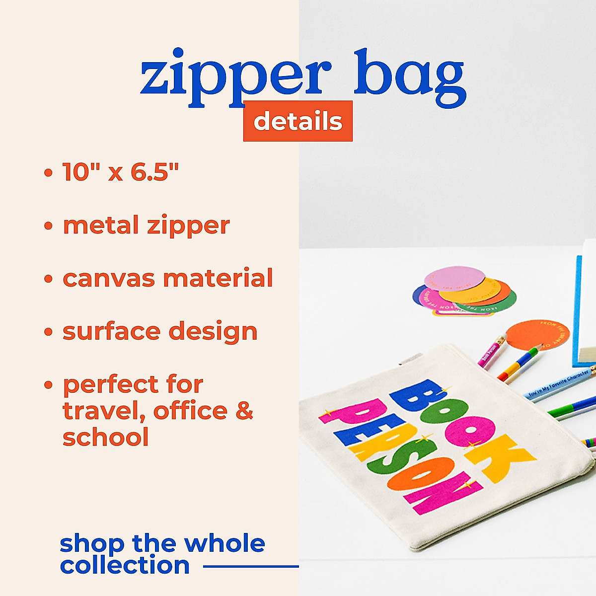 ban.do Canvas Pen and Pencil Case for Adults, Small Zipper Pouch for Office/Art Supplies, Travel Toiletries, Makeup, Book Person