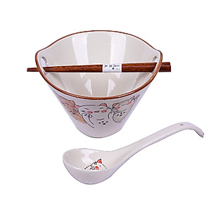 LLDAYU large Ceramic Japanese Ramen Noodle Soup Bowl, 27 Ounce Deep Bowl, with Matching Spoon and Chopsticks for Udon Soba Pho Asian Noodles.Dishwasher & Microwave Safe(Lucky Cat)