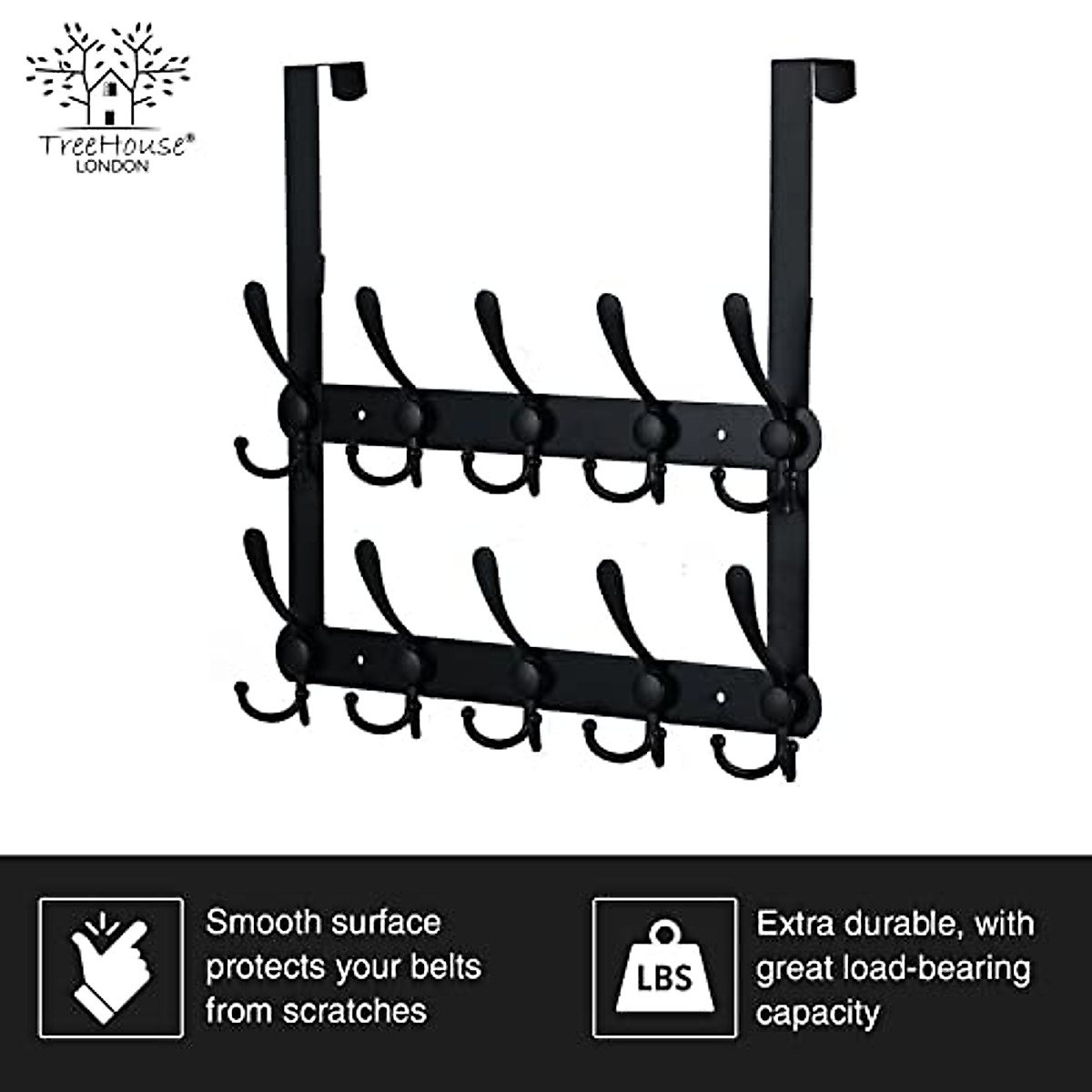 Over The Door Belt Organizer Rack, Holds Over 60 Large Belts, Heavy Duty Metal Storage Holder with Triple-Hook Design, Tie & Scarf Display Hanger for Closet, Bedroom Door, Bra Hanger- 2-Tier, Black