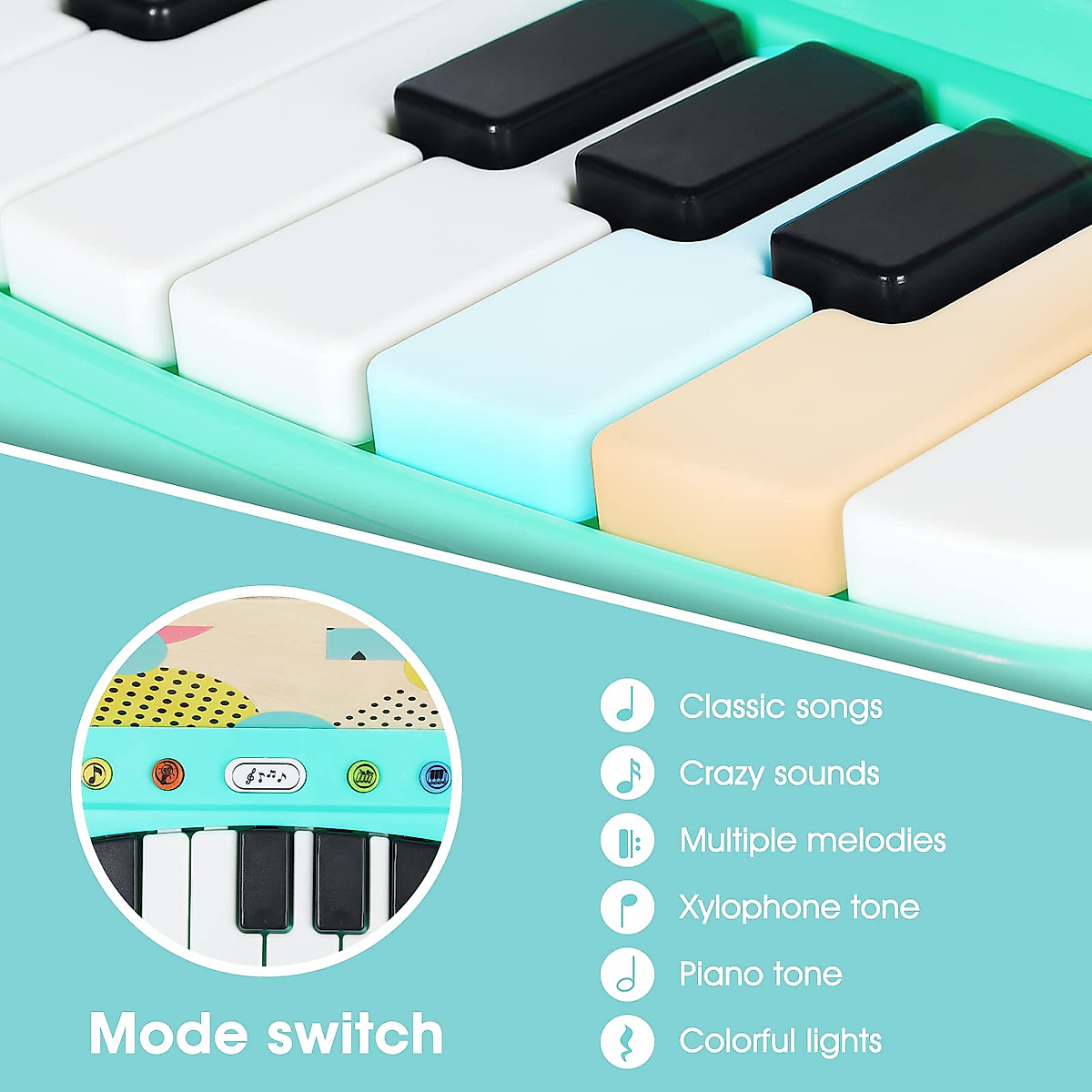 TUKELER Toddler Piano Wooden Musical Toy, Kids Keyboard with Lights, Sound Multifunctional Baby Piano&Xylophone Toy for 12 Months and Older Boys and Girls