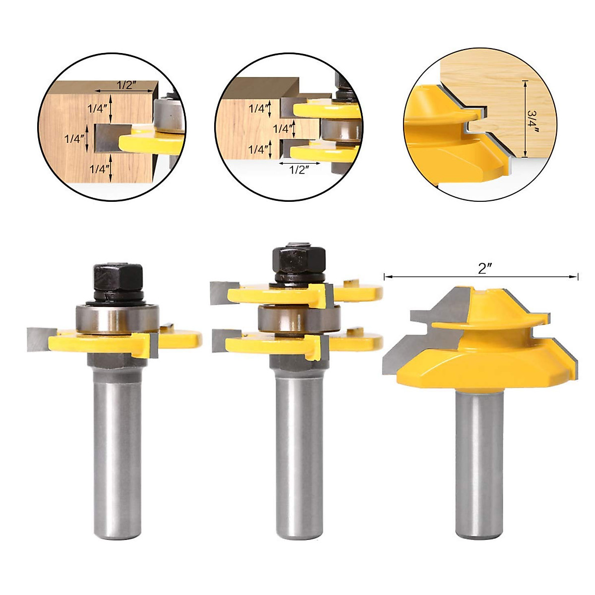Lock Miter 45 Degree Joint Router Bits + 2Pcs Tongue and Groove Set [1/2-Inch Shank], APLUS 45° Lock Mitre Glue Joint Router Bit + Router Bit Set 3 Teeth T Shape, Wood Milling Cutter Woodworking Tool