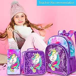 TXHVO 3PCS Unicorn Backpack for Girls, 16" Sequin Kids Bookbag with Lunch Box, School Backpacks for Elementary Preschool Preschool- Purple