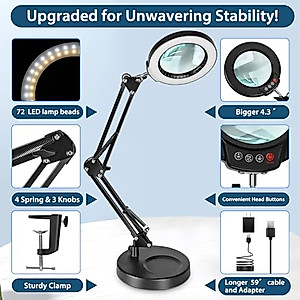 MagnieOpti 10X Magnifying Glass with Light and Stand, 5 Color Modes Stepless Dimmable 4.3" Real Glass Lighted Magnifier Hands Free 2-in-1 LED Magnifying Desk Lamp for Craft, Repair Close Work, Reading