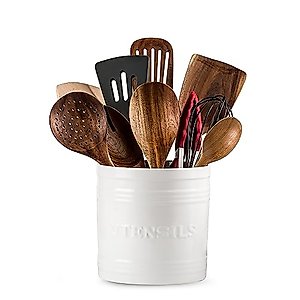 LAUCHUH Utensil Holder for Countertop Porcelain Utensil Caddy Farmhouse decor Kitchen Utensil Crock Large Size for Kitchen Storage, Halloween, Thanksgiving, Christmas, White