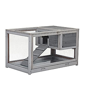 Sardoxx 35" Rabbit Hutch Large Wooden Bunny Cage Single Level Guinea Pig Hamster Hutch with Removable Tray, Small Animals Bunny Cage Indoor/Outdoor for Rest and Run, Mini Lounge, Easy Clean, Grey