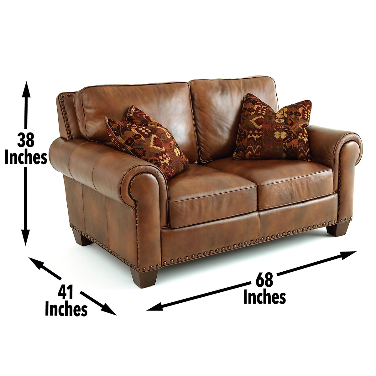 Steve Silver Company Silverado Upholstered Loveseat with 2 Accent Pillows, Living Room, Game Room, Genuine Leather, Antique Nailhead Trim, Rustic Styling, Bedroom, Sofa, 41" D x 68" W x 38" H, Brown