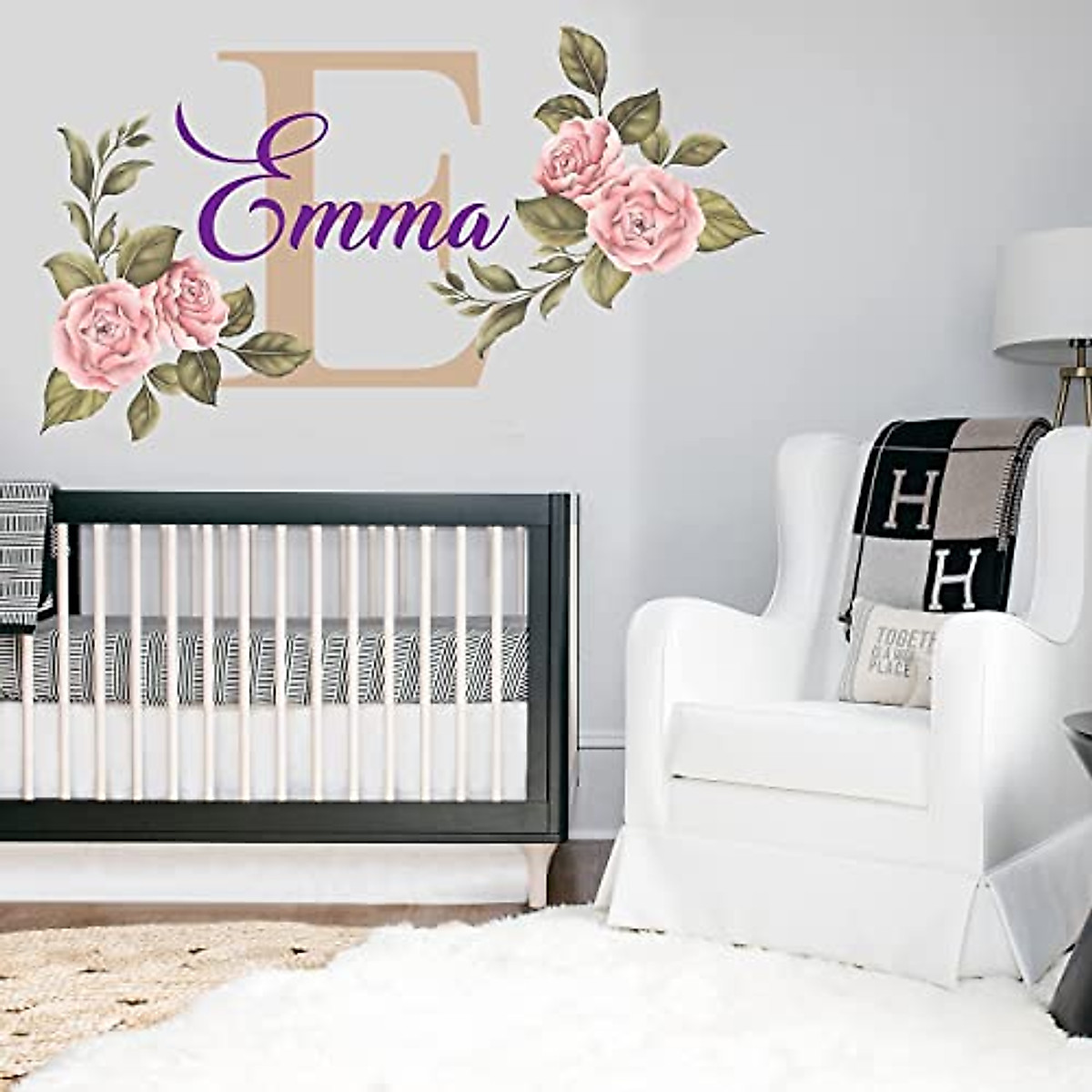 Name and Initial Peonies Wall Decal - Kids Wall Decor - WM33. Custom Name Removable Nursery Wall Decal for Girl - Flower Mural Wall Decal for Girls Bedroom