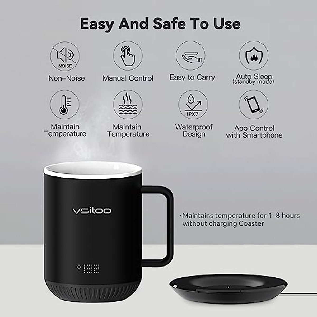 vsitoo Temperature Control Smart Mug 2 - Keep Your Coffee Hot All Day, Self Heating Coffee Mug with LED Display, 10 oz, 90 Min Battery Life - App&Manual Controlled Heated Coffee Mug - Coffee Gifts