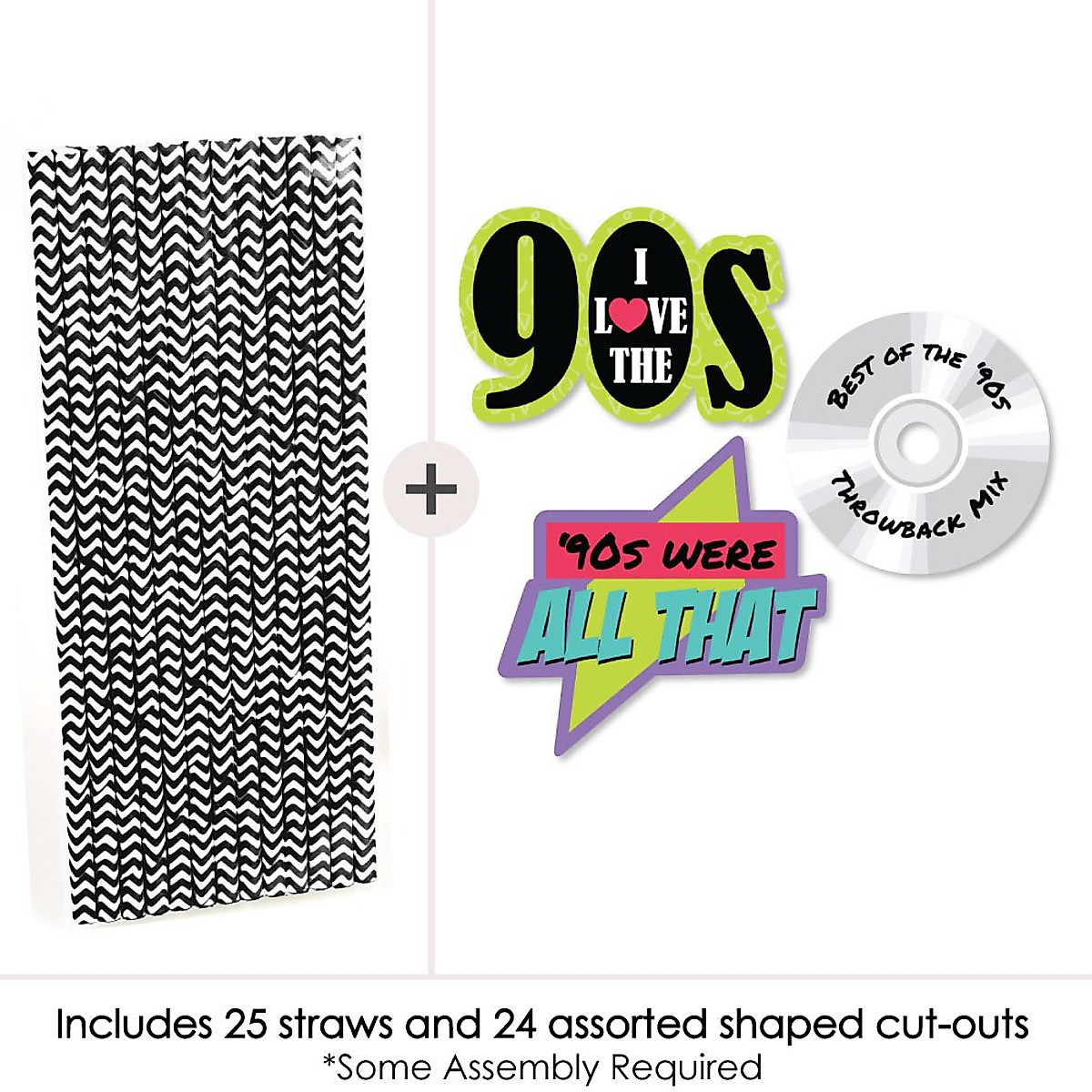 90's Throwback - Paper Straw Decor - 1990s Party Striped Decorative Straws - Set of 24