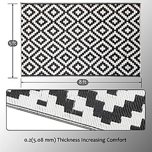 SAND MINE Waterproof Outdoor Rug 5x8 ft, Plastic Reversible Rug, Modern Area Rug, Large Floor Mat for Outdoors, RV, Patio, Backyard, Deck, Picnic, Beach, Camping (5' x 8', Black & White Lattice)