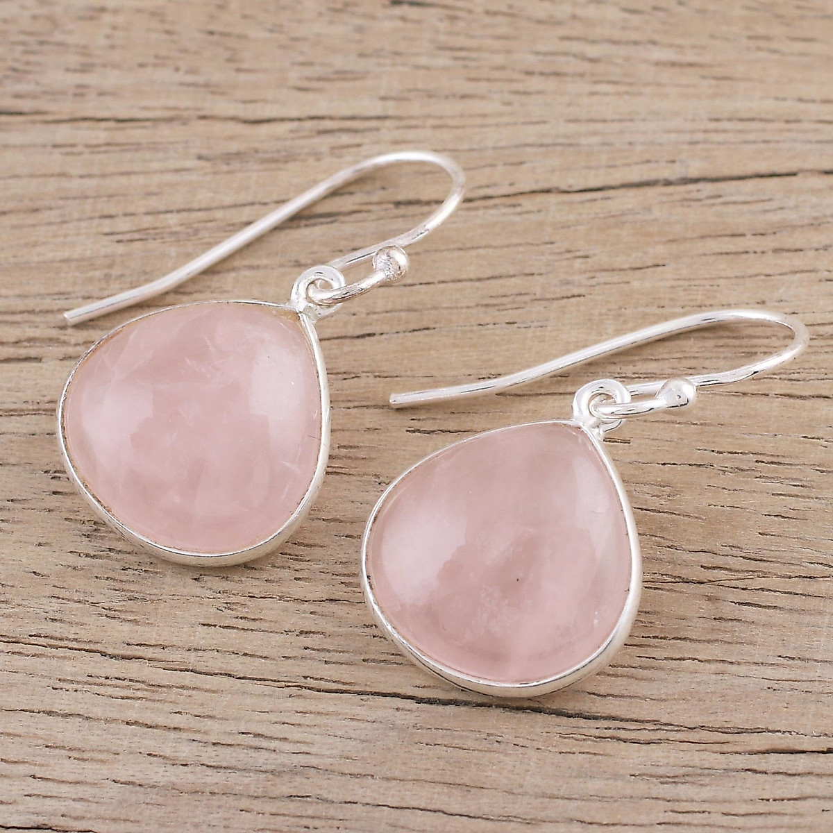NOVICA Artisan Handmade Rose Quartz Dangle Earrings Sterling Silver from India Pink Birthstone [1.2 in L x 0.6 in W x 0.2 in D] ' Dancing Soul'