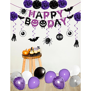 Halloween Birthday Party Decorations Balloon Banner Paper Pompom Cake Topper Hanging Swirl for Halloween Happy Boo Day Party Supplies