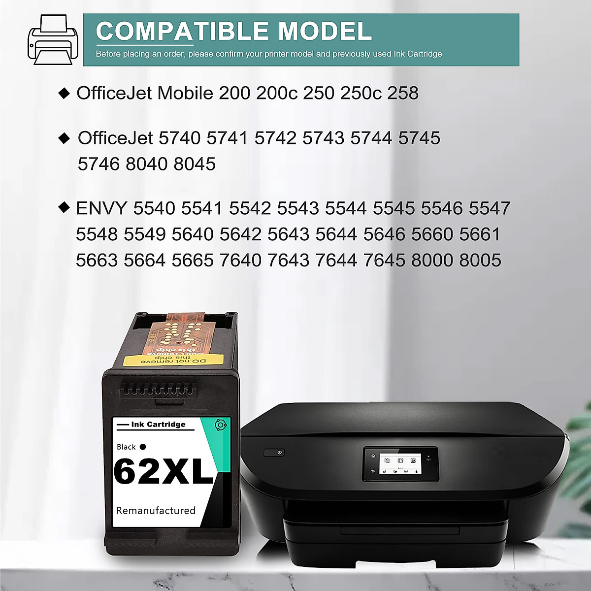 ASHD YECOLS Remanufactured Ink Cartridge Replacement for HP 62 62XL Use with OfficeJet 200 250 OfficeJet 5740 8040 5741 Envy 7640 5660 5540 7645 (Black 1-Pack), YC-62XL-1BK