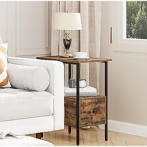 MAHANCRIS 2 End Table with Charging Station, Side Table with Imitation Rattan Drawer, 17.3-Inch Bedside Table with Wooden Drawer, Stable Beside Table, Narrow Side Table for Bedroom ETHR44E01-ETHB73E01