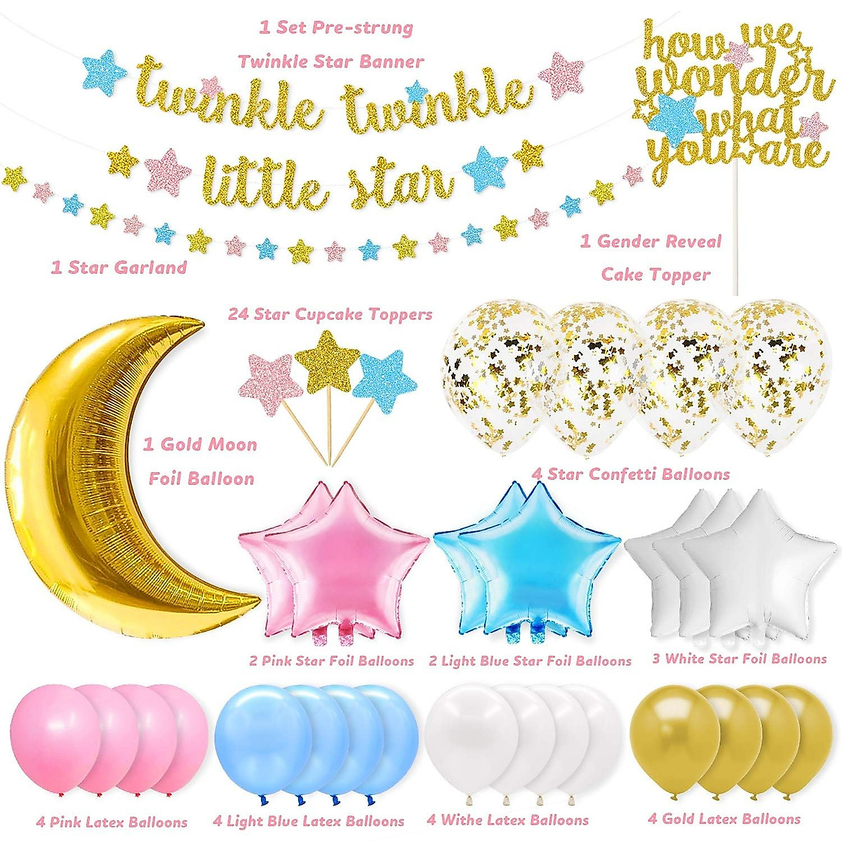 Twinkle Twinkle Little Star Party Decor Gender Reveal Birthday Party Decorations Pinkk Blue Gold Star Banner Cake Topper Balloons Moon and Star Boy or Girl He or She Baby Shower Supplies