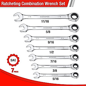 WORKPRO 7-Piece Ratcheting Combination Wrench Set, 72 Teeth, Combo Ratchet Wrenches Set with Roll Up Pouch, SAE 5/16"-11/16"