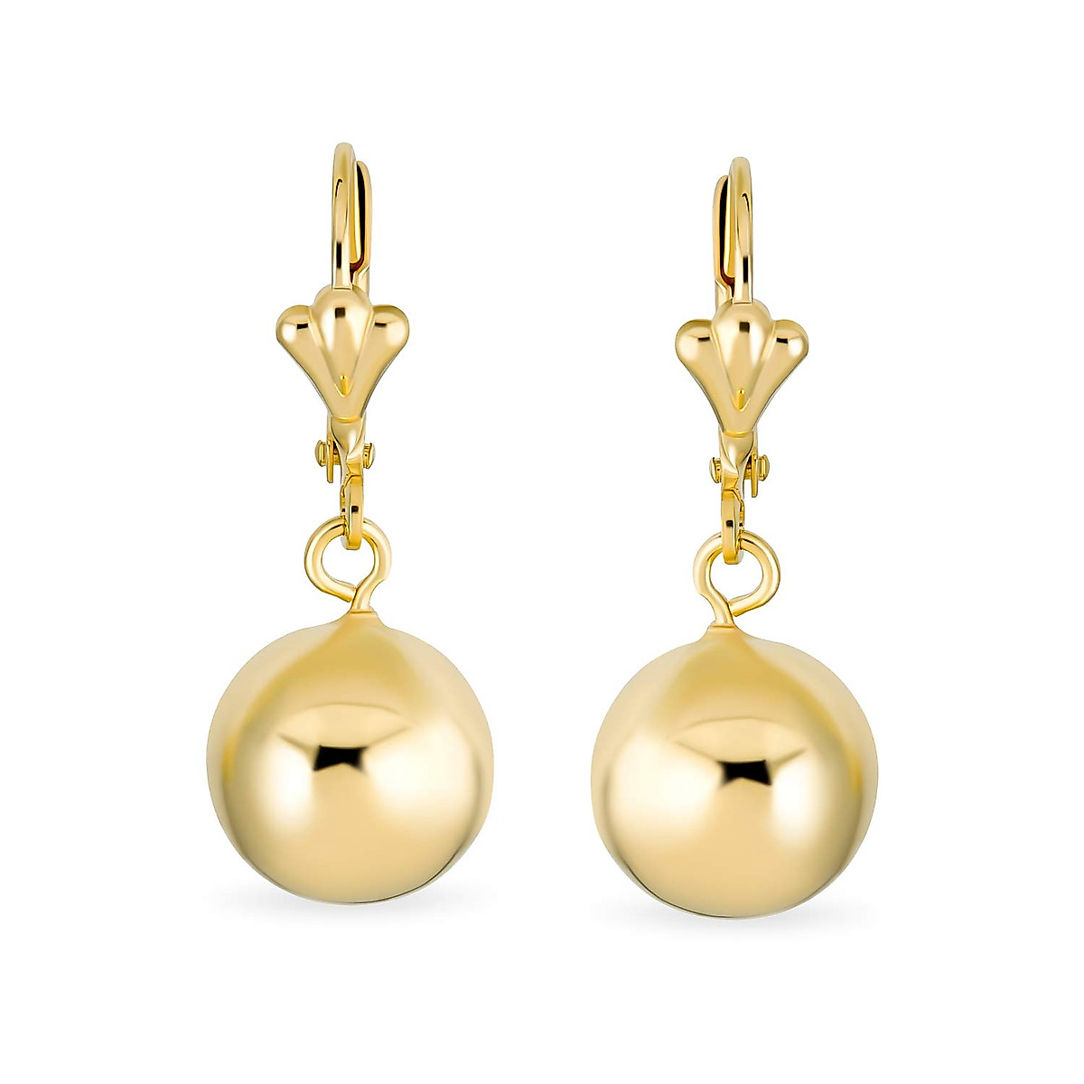 Classic Elegant Simple Round Light Weight Dangle Lever Back Drop Ball Earrings For Women Polished Yellow 18K Gold Plated Brass 12MM