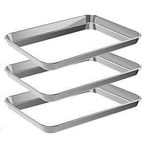 Small Baking Sheet Pan, 1/8 Aluminum Cookie Sheets for Baking, Toaster Oven Pans Heavy Duty, Deep Edge, Set of 3