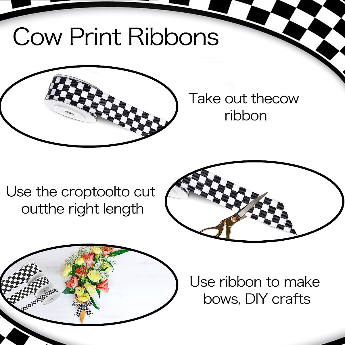 3 Rolls Black Grosgrain Ribbon White Checkered Printed Ribbon, Crafts Racing Car Theme Printed Checkered Ribbon, Plaid Buffalo Ribbon, for Racing Car Party DIY Wreath Decorations