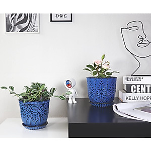 Gepege 6 Inch Beaded Ceramic Planter Set of 2 with Drainage Hole and Saucer for Plants, Indoor-Outdoor Large Round Succulent Orchid Flower Pot (Blue, for Inner-pots not Larger Than 5 Inch)