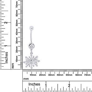 AFFY Round Shape Sparkling White Cubic Zirconia Snowflake Belly Button Navel Ring in 14K White Gold Over Sterling Silver