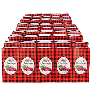 Iconikal Buffalo Plaid with Red Truck Paper Treat Bags, Red, 40-Count Set