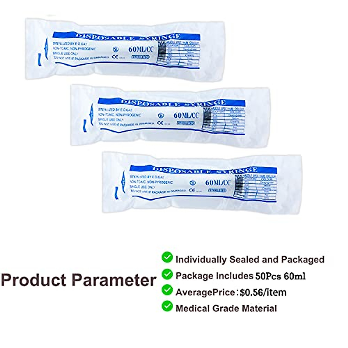 Ackers 50Pcs 60ml Large Plastic Syringe Individually Sealed with Measurement & Cap,for Scientific Laboratory and Dispensing Multiple Uses Measuring Syringe Tools