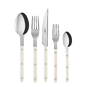 SABRE PARIS - 5-Piece Flatware Set - Bistrot Collection - Knife, Fork, Soup Spoon, Teaspoon & Dessert Fork - Stainless Steel & Nylon - Dishwasher Safe - Ivory - Brilliant Finish