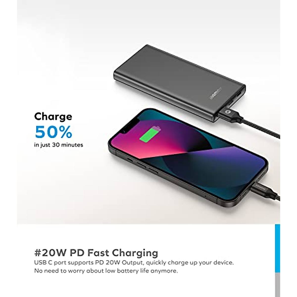 MOMAX Portable Charger, 10000mAh 20W PD Aluminum Ultra Slim Power Bank 3A High-Speed Thin Phone Charger with 2 Input & 2 Output Compatible with iPhone, Samsung Galaxy, MacBook, Pixel & More (Grey)