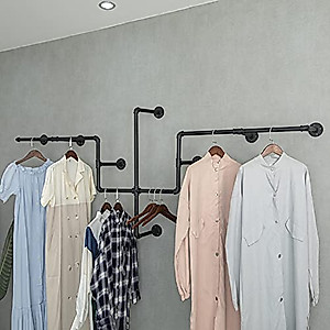 CIVANA Industrial Pipe Clothing Rack, Wall Mounted Garment Hanging Bar, Iron Commercial Clothes Hanger, Garment Display Rack for Retail, Boutiques, 86.6in, Black