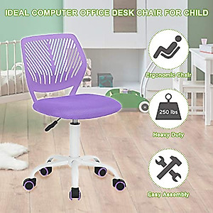 Geniqua Children Task Chair Lumbar Mid Back Adjustable Height Study Computer Chair with Mesh Seat Casters for Home Office, School, Purple