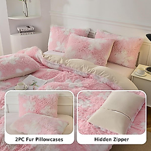 BEDMEO Tie Dye Plush Luxury Fluffy Faux Fur Duvet Cover Set,Soft Crystal Velvet Bedding Sets,Boho Bedding for 3 Pieces Chic Home Duvet Covers(1 Furry Duvet Cover + 2 Pillowcases) King,Tie-Dye Pink