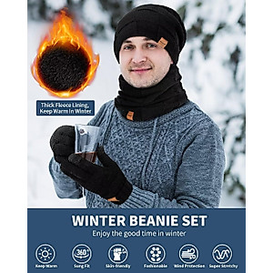 Mens Hat Scarf and Gloves Set Winter, Thick Thermal Fleece Lined Slouchy Beanie Neck Warmer Scarves Touchscreen Gloves, 3 in 1 Warm Set for Cold Weather(Black)