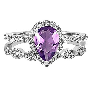 Dazzlingrock Collection 9X6 MM Pear Amethyst & Round Diamond Ladies Halo Teardrop Wedding Ring Set in 14K White Gold, Size 7