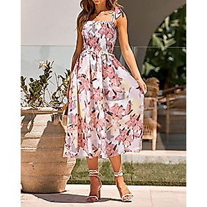 PRETTYGARDEN Women Summer Dresses 2023 Tie Strap Square Neck Smocked Ruffle Flowy Floral Print Boho Maxi Cocktail Dress(Floral Pink,X-Large)