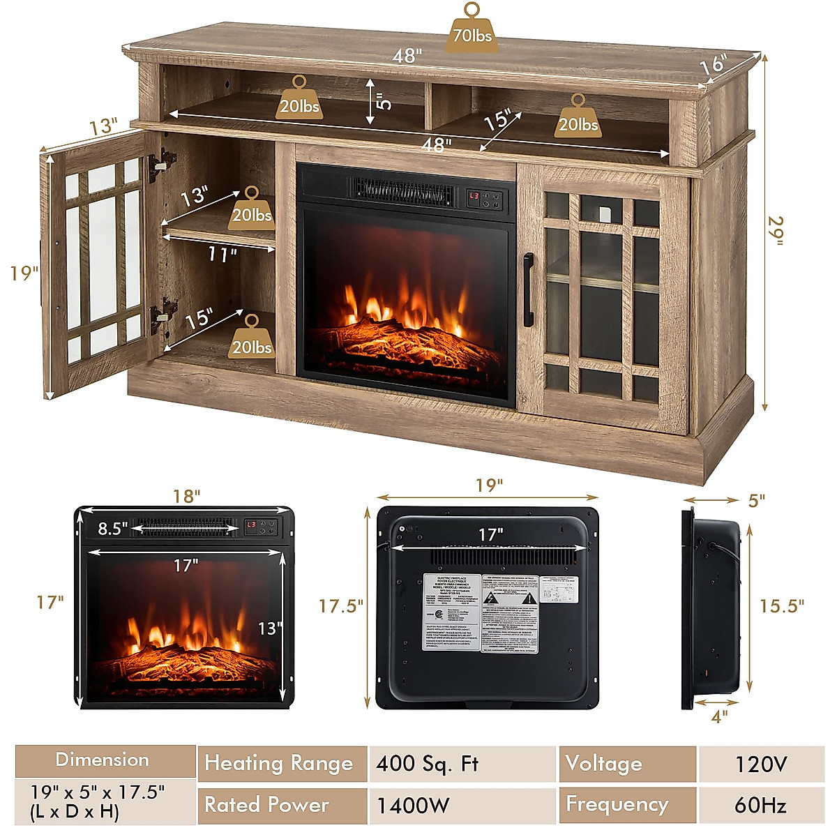 Tangkula Electric Fireplace TV Stand for TVs Up to 55 Inch, Fireplace Entertainment Center with Two Side Cabinets & Adjustable Shelves, Electric Heater with Overheat Protection, Remote Control