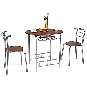 VINGLI 3 Piece Dining Set,Small Kitchen Table Set for 2,Breakfast Table Set,Kitchen Wooden Table and 2 Chairs for Small Space/Dining Room/Apartment,Metal Frame,Wine Rack,Sliver&Brown