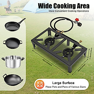 Portable Double Burner Outdoor Gas Stove Cast Iron Propane Cooker with Adjustable 0-10Psi Regulator Hose for Patio Camping, BBQ, Home Brewing,Tailgating, Hiking, Maple Syrup Prep