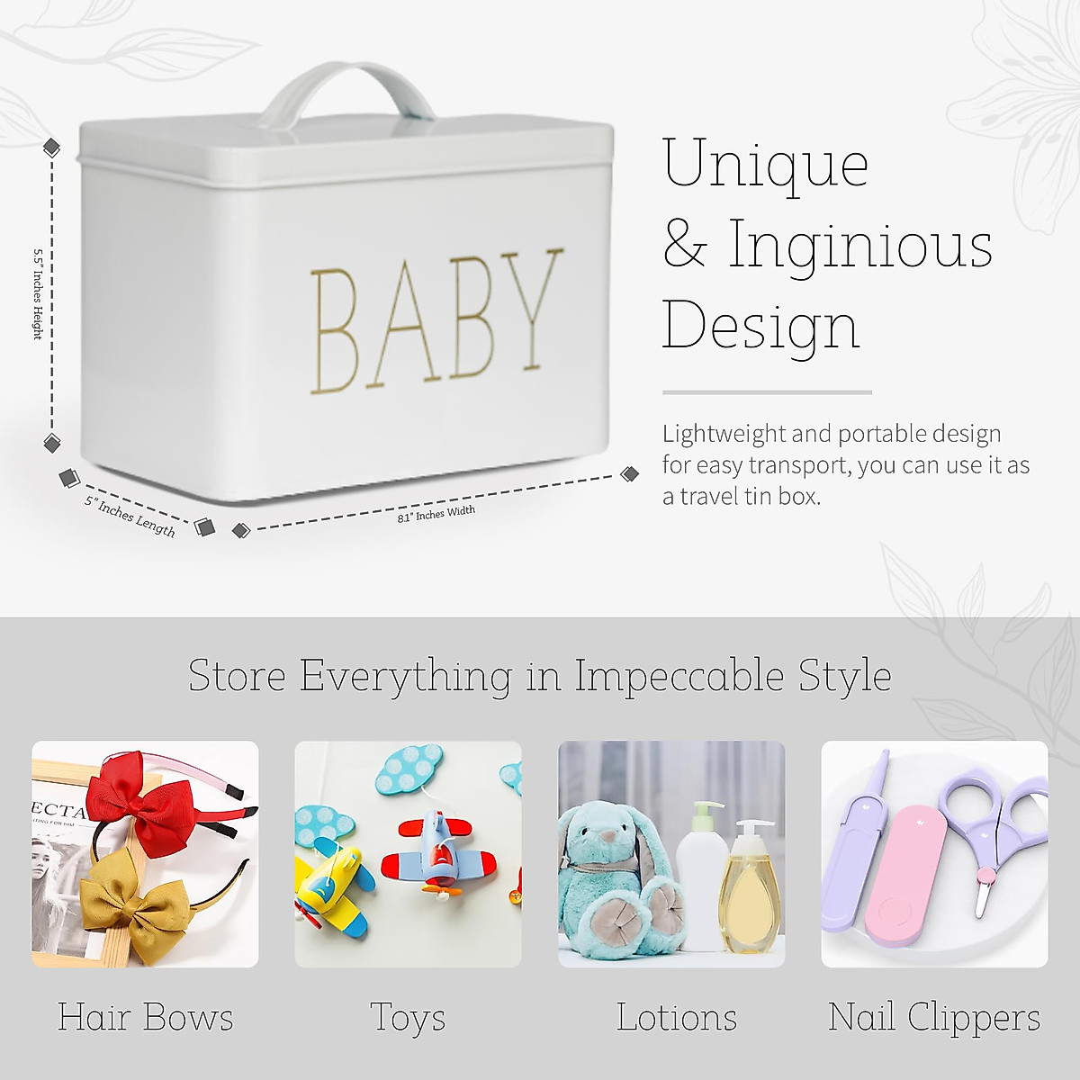 Lola Creates Baby Storage Organizer - Diaper Caddy for Lotions, Hair Essentials - White Baby Closet Organizer with Removable Lid - Metal Nursery Organization Box - Cute Baby Room Organizer for New Mom