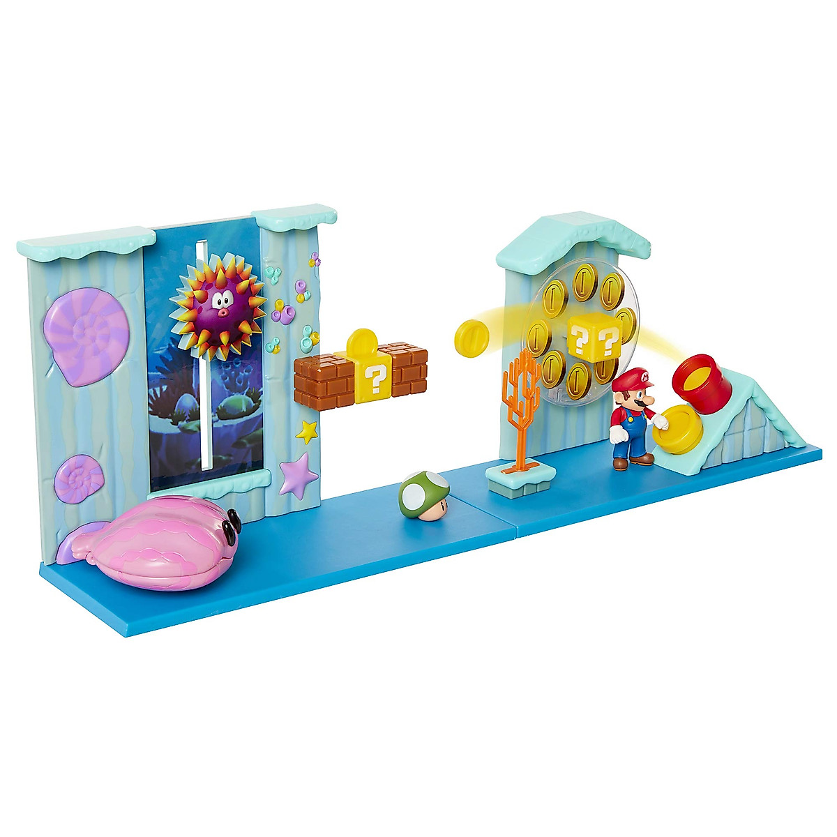 Nintendo Super Mario Deluxe Underwater Playset with 5 Interactive Environmentpiece – Includes 2.5” Mario Figure, 1-Up Mushroom Accessory & Warp Pipe Coin Launcher