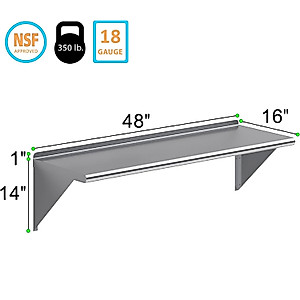 KPS Heavy Duty Stainless Steel Wall Mount Shelf 16 x 48 - NSF