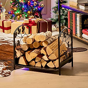 Goplus 19” Small Firewood Rack, Indoor and Outdoor Decorative Firewood Storage Carrier Log Rack with Elegant Leaf Patterns & Raised Legs, Heavy Duty Firewood Holder for Fireplace, Fire Pit