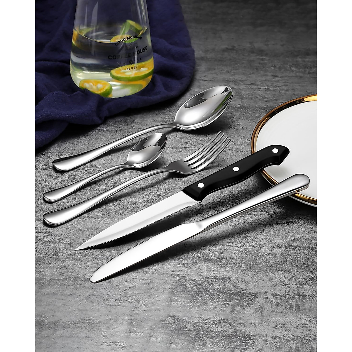 EUIRIO 48-Piece Silverware Set with Steak Knives, Heavy Duty Stainless Steel Flatware Set for 8, Food-Grade Tableware Cutlery Set, Utensil Sets for Home Restaurant, Mirror Finish, Dishwasher Safe