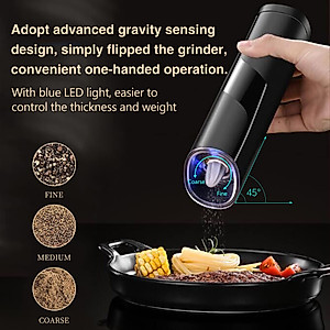 Electric Pepper Salt Grinder Gravity Automatic Spice Grinder Battery Powered Pepper Mill with LED Light Adjustable Coarseness One Hand Operation for Kitchen Resturant Camping BBQ Black