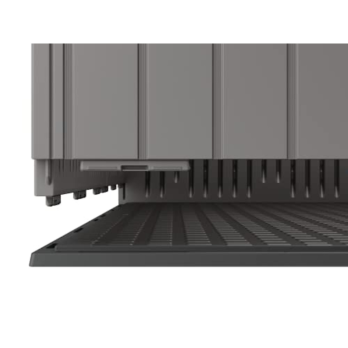 Rubbermaid Resin Weather Resistant Outdoor Storage Shed, 7 x 7 ft., Simple Gray/Onyx, for Garden/Backyard/Home/Pool