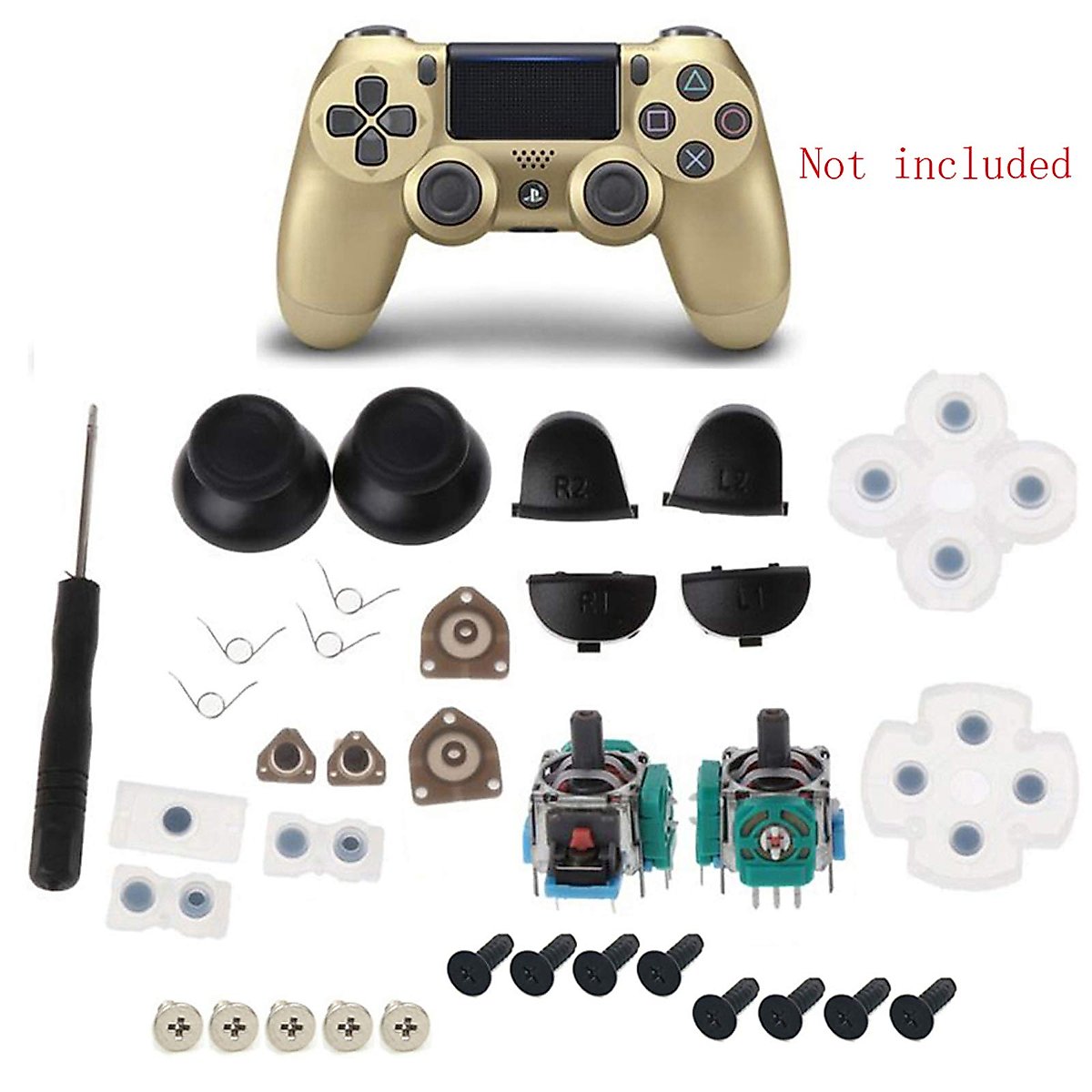 Onyehn L1 R1 L2 R2 Trigger Springs Replacement Parts Buttons,3D Analog Joysticks Thumb Sticks Cap Conductive Rubber Screwdriver Kit for PlayStation 4 PS4 Controller(JDS-001)