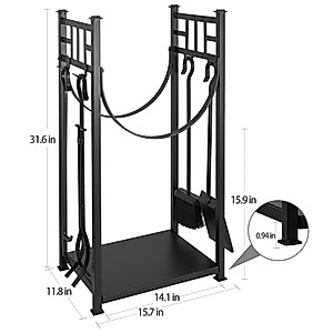 AMAGABELI GARDEN & HOME 31.6in Large Firewood Rack Fireplace Tools Set Wood Holder Indoor log Rack With Tools Tall for Wood Stove Firepit Campfire Storage Stacking Wrought Iron Accessories Outdoor