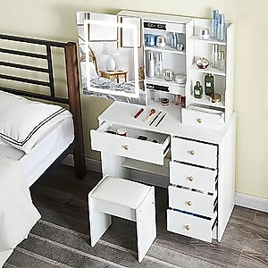 JBLCC Large Vanity Desk with Mirror and Lights, Vanity Table Makeup Vanity with Slidable Mirror 5 Drawers and Storage Shelves,Dressing Table Set 3 Lighting Color Adjustable (06LED)